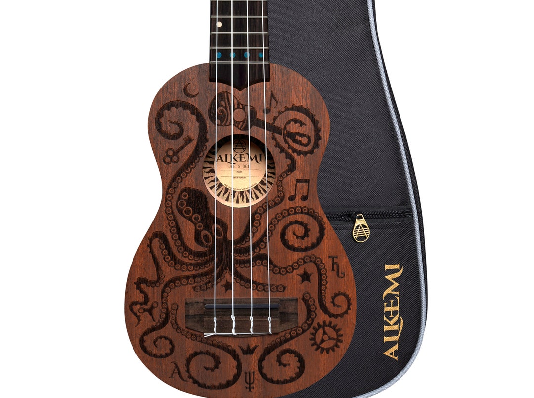 Alkemi Ukulele 21" Soprano Etched Octopus All Mahogany With Quality ...
