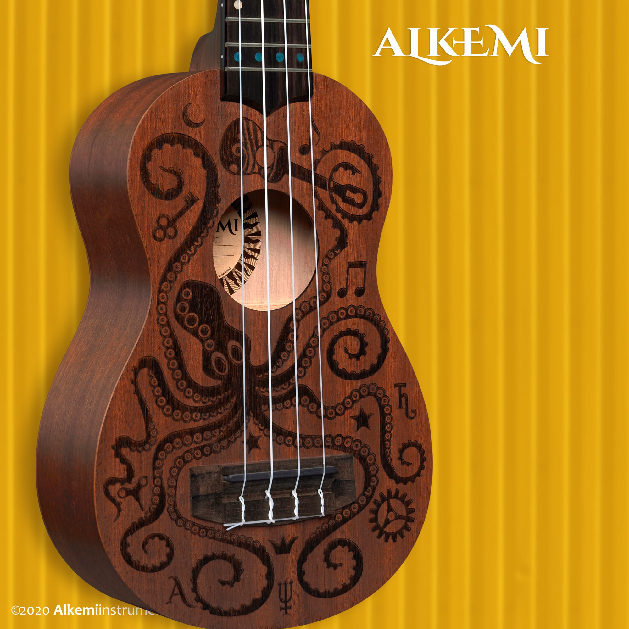 Alkemi Ukulele 21" Soprano Etched Octopus All Mahogany With Quality ...