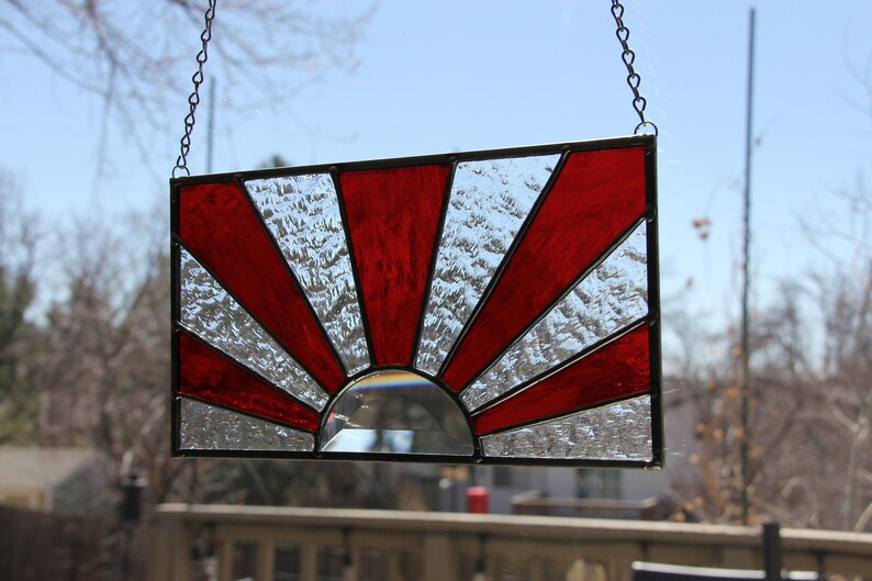 Ruby Red Sun Rays Stained Glass Panel - Etsy