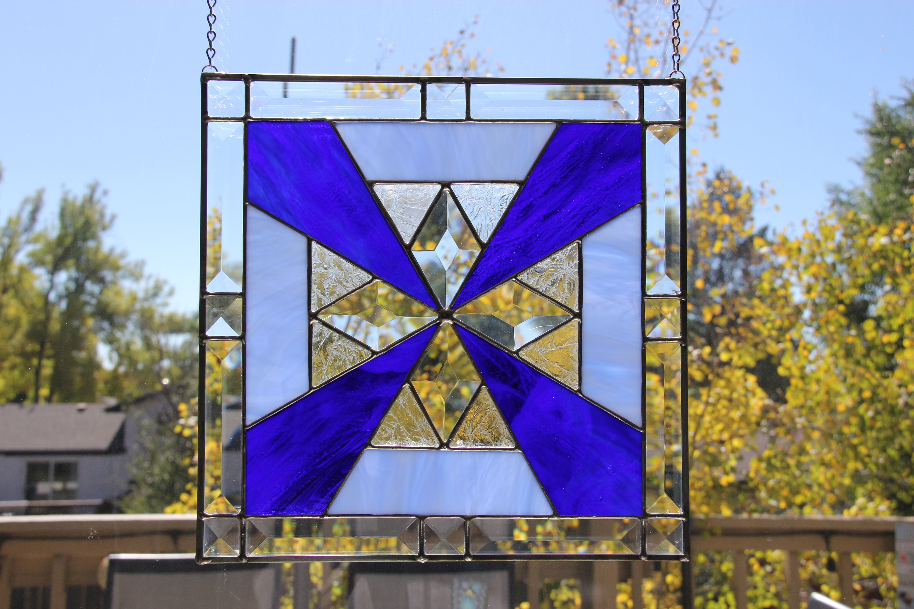 Blue Starburst Beveled Stained Glass Window Panel - Etsy