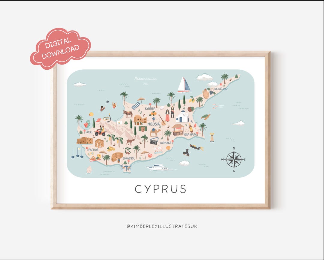 Illustrated Cyprus Travel Map: Printable Cypriot Wall Art Poster ...