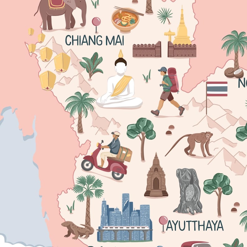 Illustrated Thailand Travel Map: Printable Thai Wall Art Poster ...