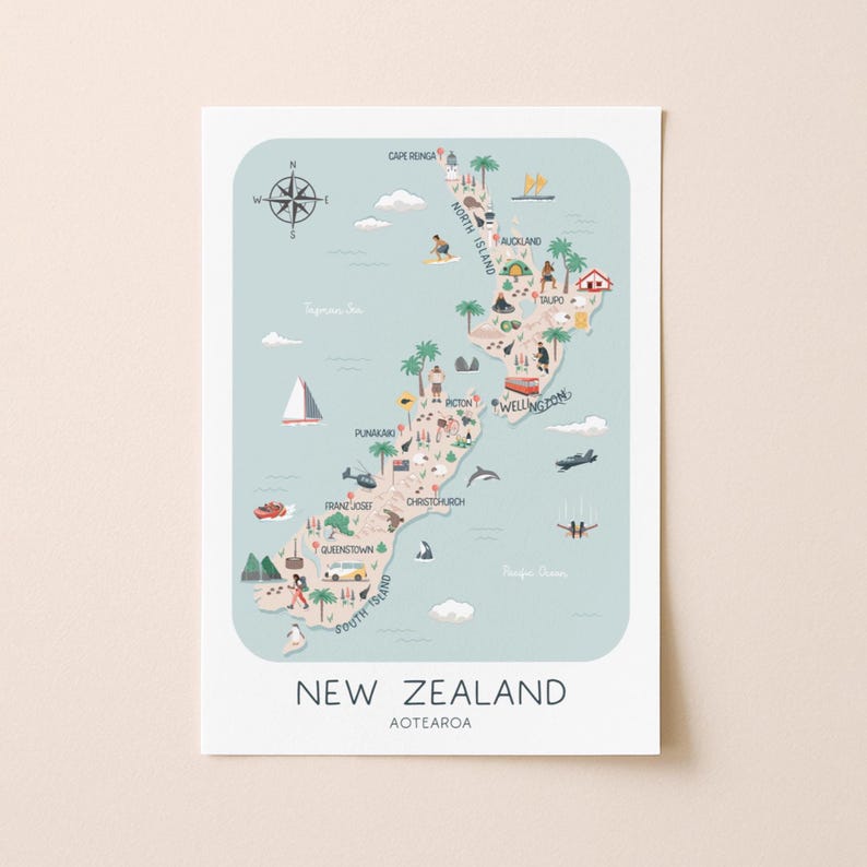 Illustrated New Zealand Travel Map: Printable Kiwiana Wall Art Poster ...
