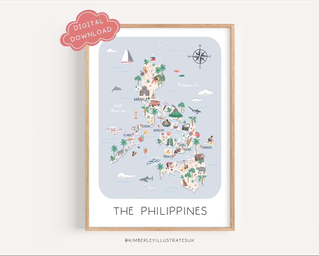 Illustrated Philippines Travel Map: Printable Philippines Wall Art ...