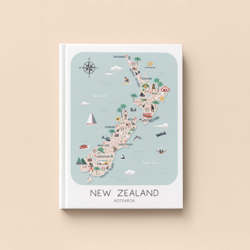 Illustrated New Zealand Travel Map: Printable Kiwiana Wall Art Poster ...