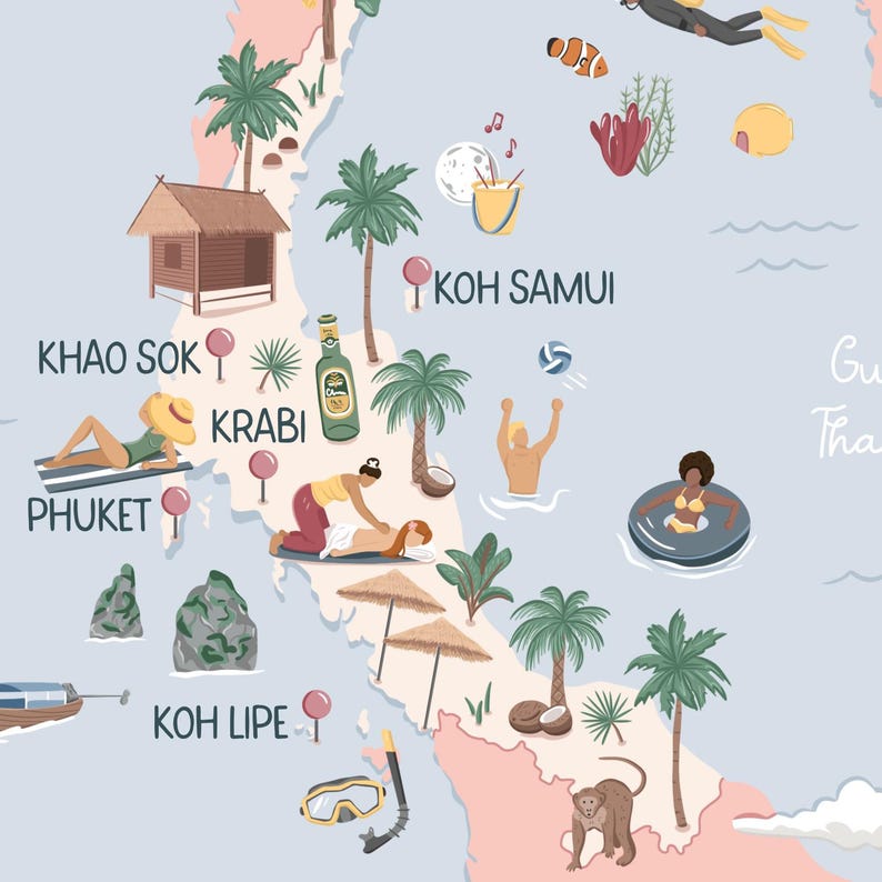 Illustrated Thailand Travel Map: Printable Thai Wall Art Poster ...