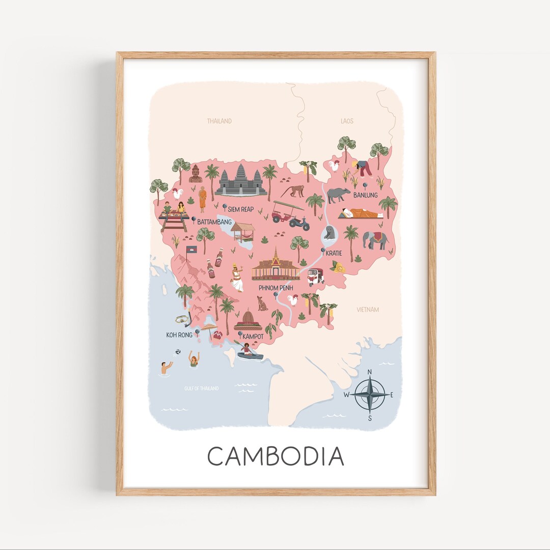 Cambodia Illustrated Map Cambodia Travel Poster Wall Art - Etsy