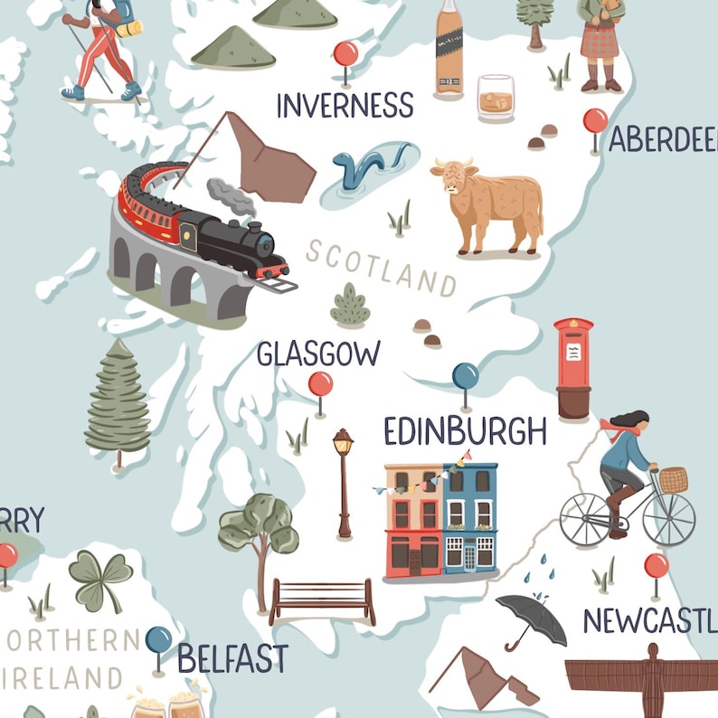 Illustrated UK Travel Map: Printable United Kingdom Wall Art Poster ...