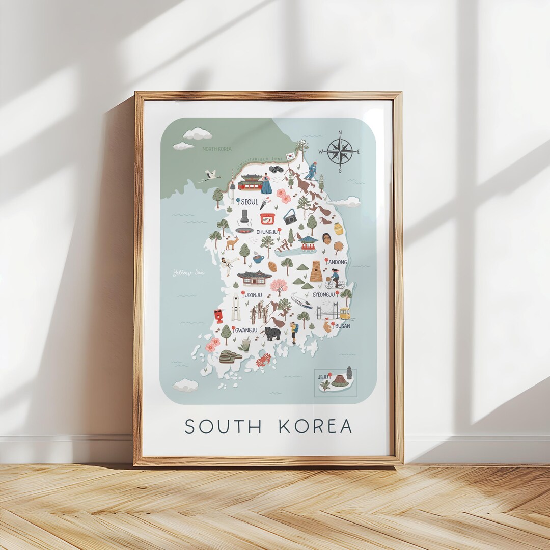 South Korea Map Print: Illustrated Korean Travel Poster ...