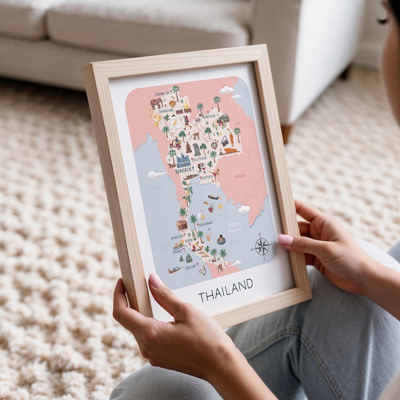 Illustrated Thailand Travel Map: Printable Thai Wall Art Poster ...