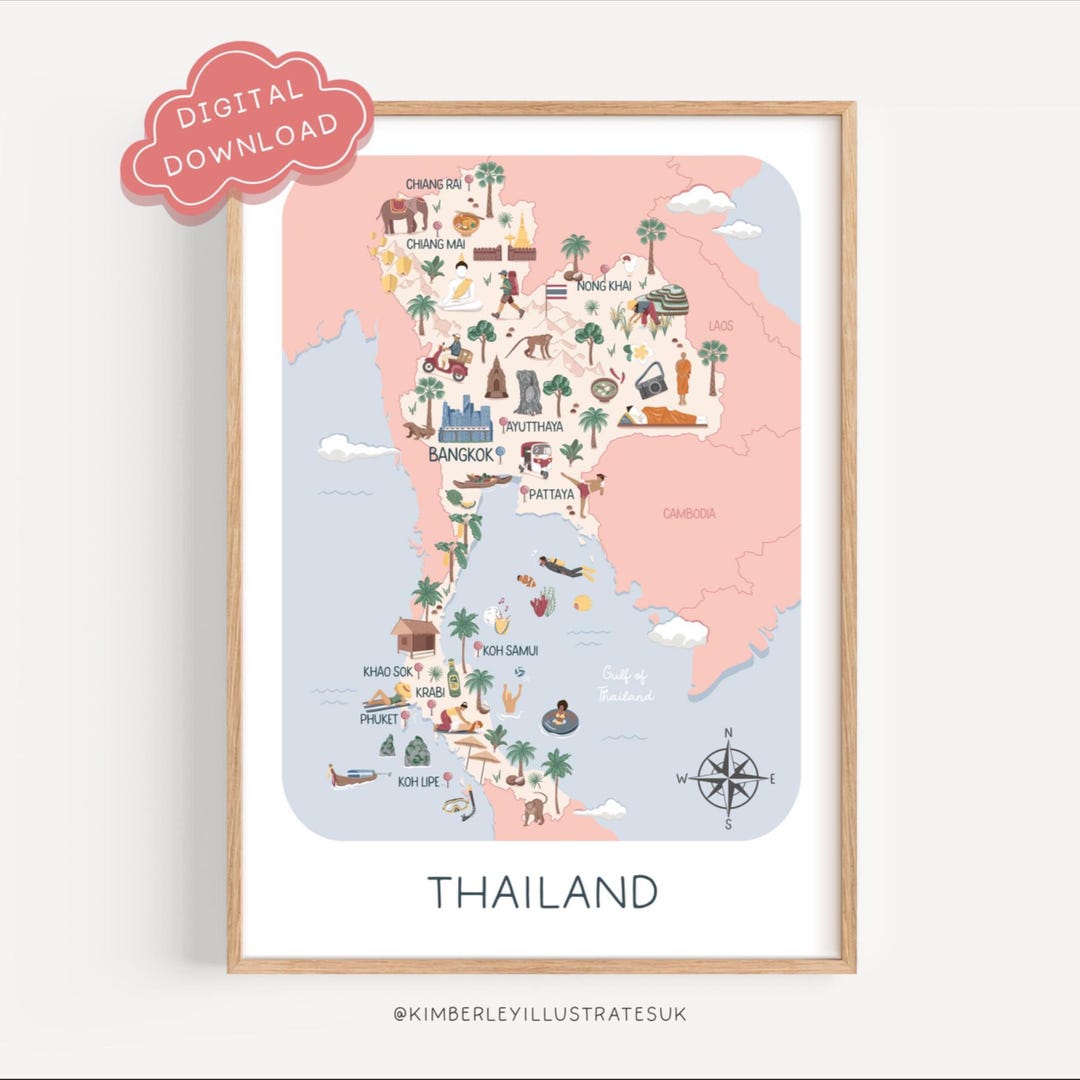 Illustrated Thailand Travel Map: Printable Thai Wall Art Poster ...