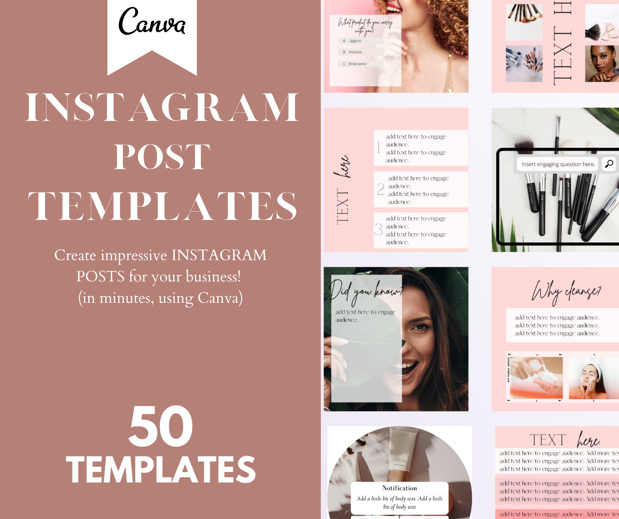 Printable Instagram Engagement Post Templates, PINK, Beauty Skincare ...
