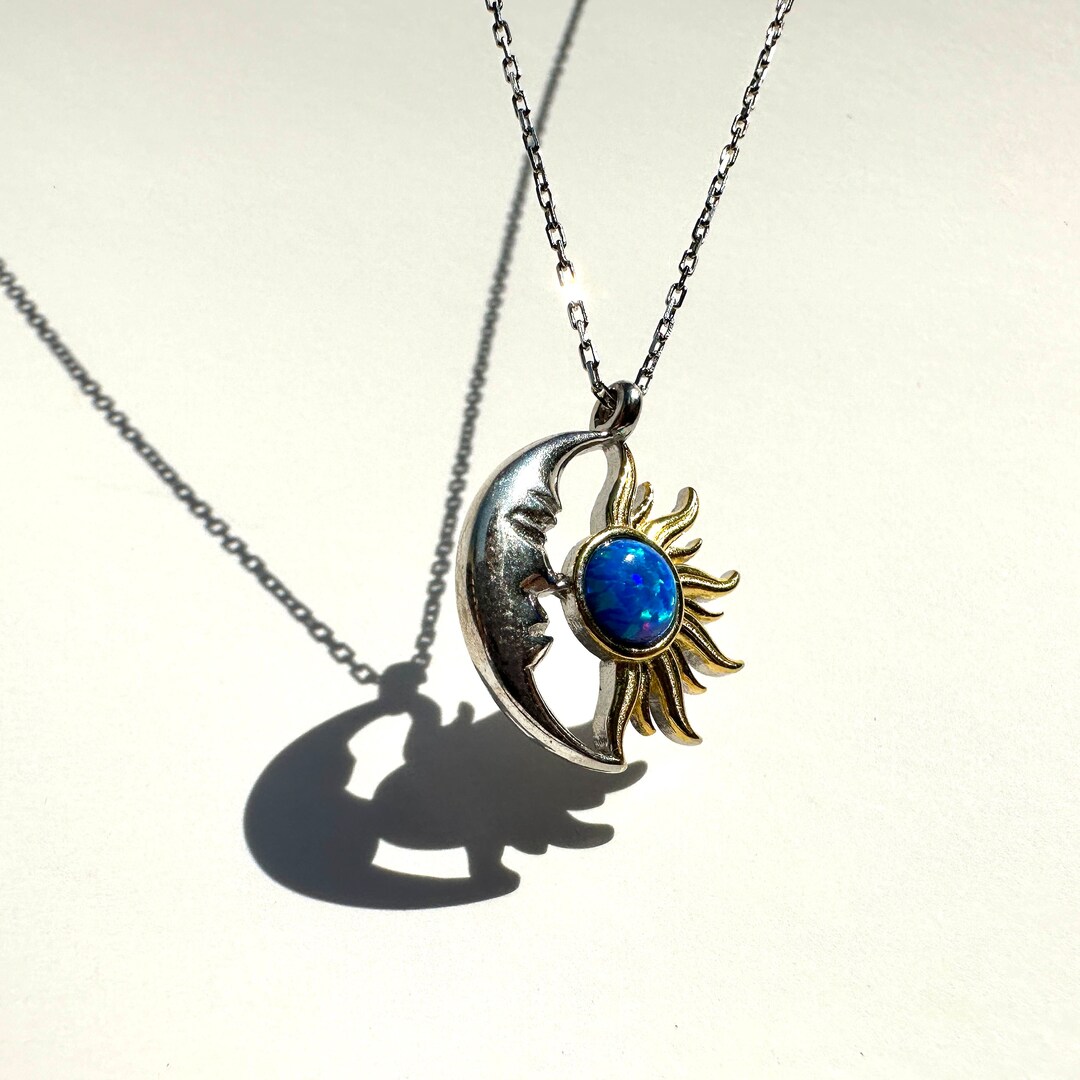 Opal Stone Sun and Moon Necklace 925k Sterling Silver Sun and - Etsy