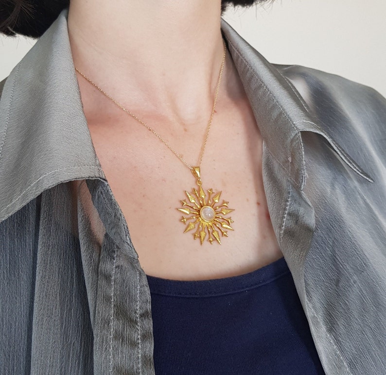 Sterling Silver Moonstone Sunburst Necklace: Egyptian Ra Pendant - Etsy