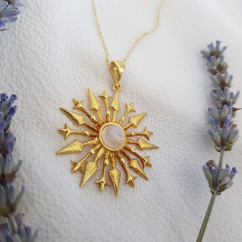 Sterling Silver Moonstone Sunburst Necklace: Egyptian Ra Pendant - Etsy