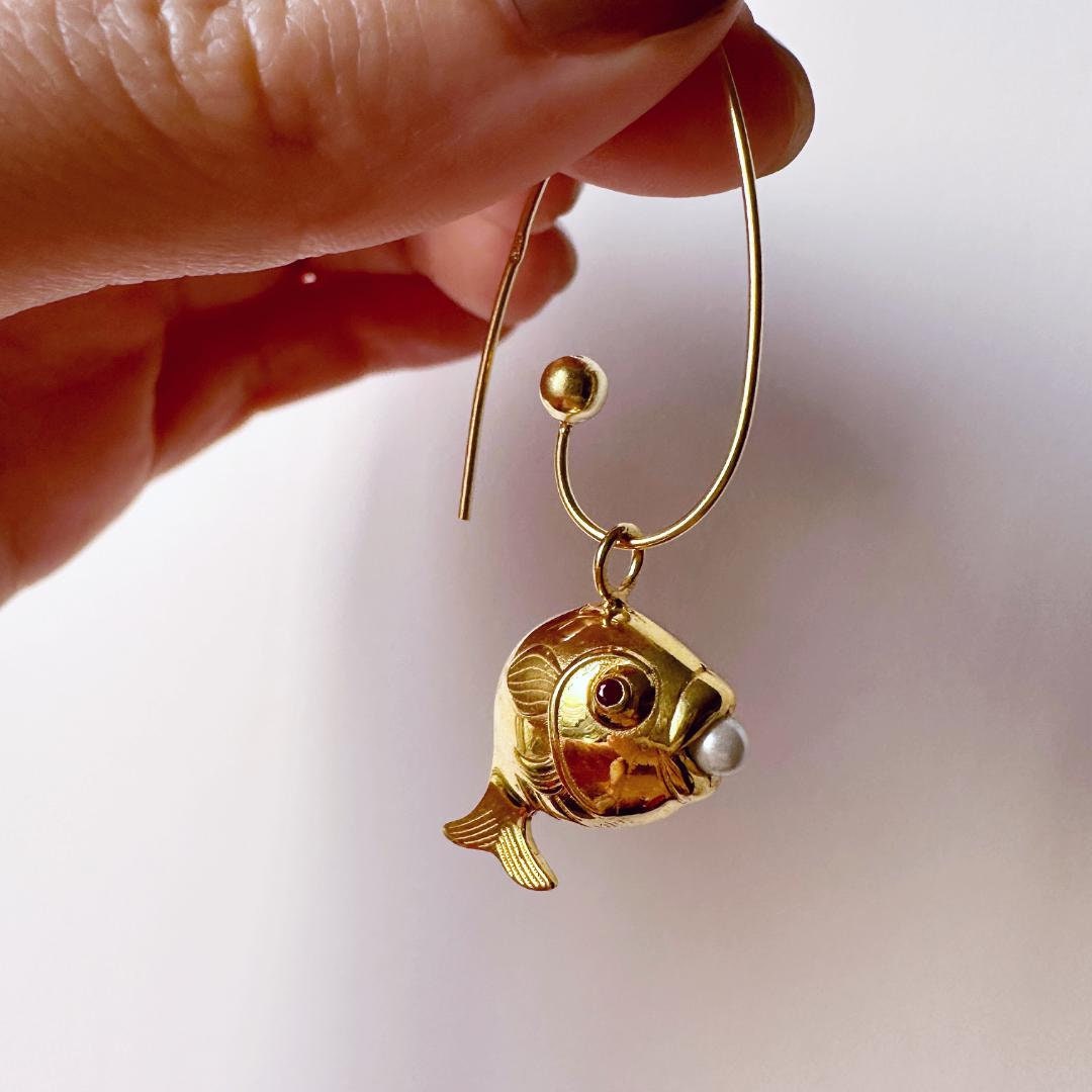 Gold Plated Sterling Silver Fish Hoop Earrings With Pearl - Etsy