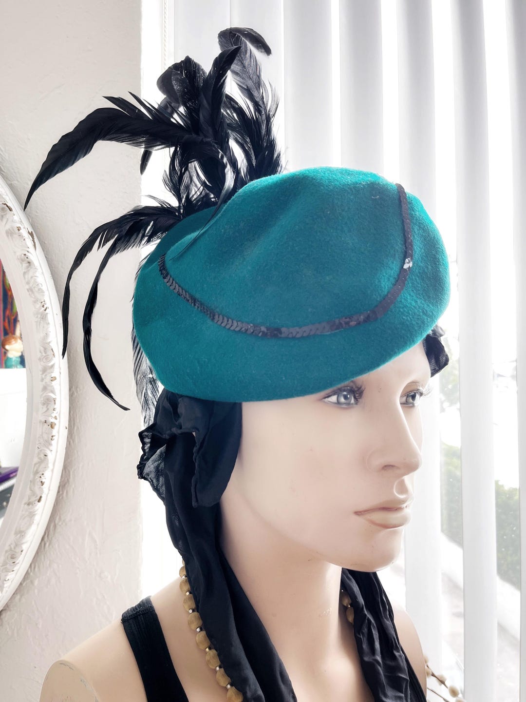 Vintage Emerald Green Michael Howard Hat 1960s Feather Decoration and ...