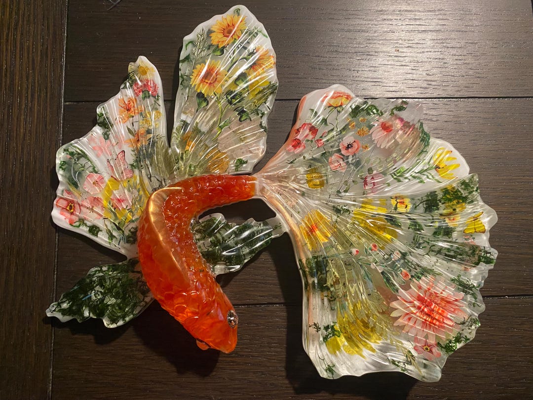 Floral Resin Koi Fish Decor, Brightly Colored Art Piece, Room and Shelf ...