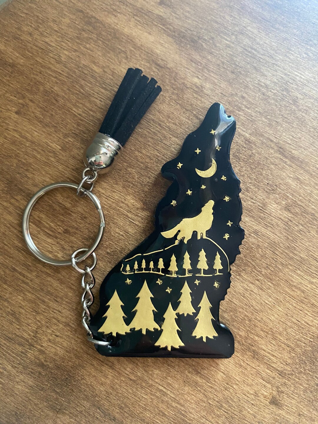 Resin Wolf Keychain: Black and Gold Howling Wolf With Tassel - Etsy