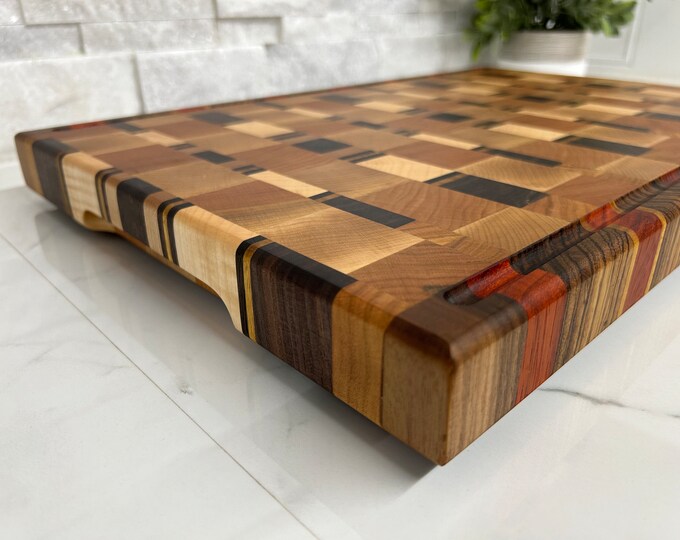 End Grain Cutting Board With Random Block Pattern Chopping Board Food ...