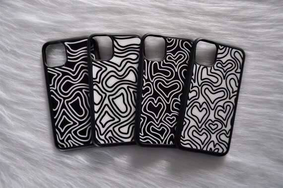 Black White Aesthetic Doodle Art Case Abstract Line Art Hearts | Etsy UK