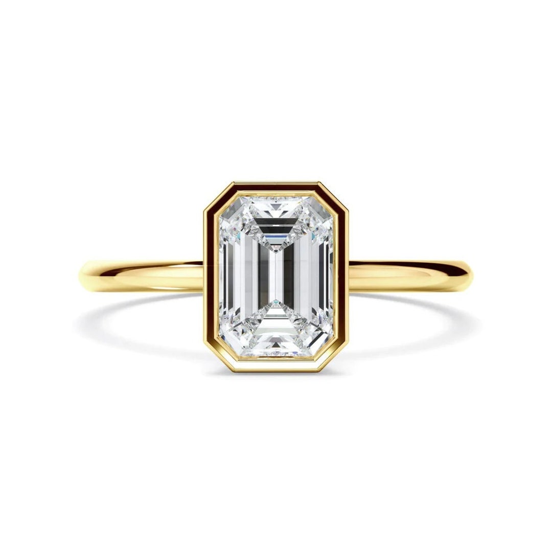 Emerald Cut Moissanite Bezel Wedding Ring, 2 CT Emerald Diamond 14K ...