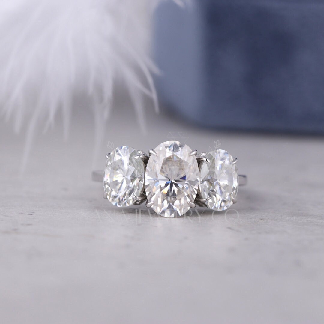 Unique Three Stone Ring, Oval Cut Moissanite Engagement Ring, Double ...