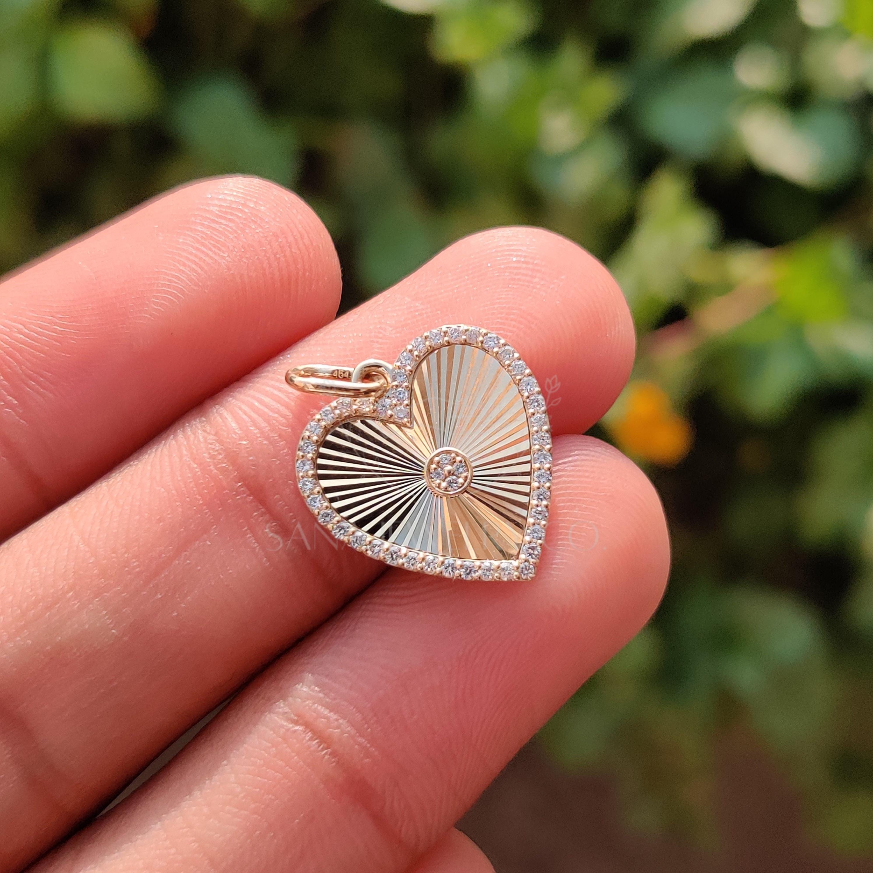 Fluted Heart Shape Pendant, 14K Solid Gold Diamond Heart Pendant ...