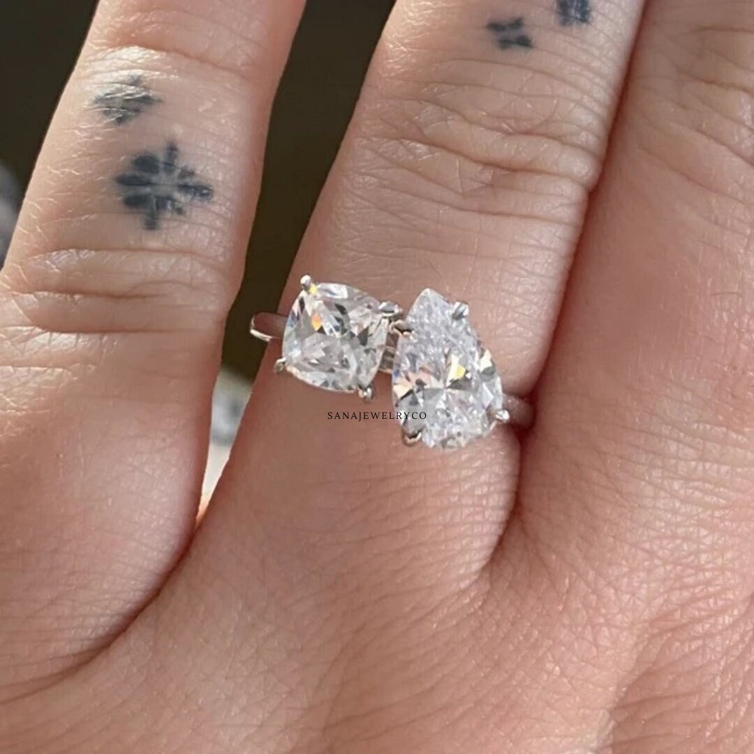 Toi Et Moi Ring, 3 TCW Pear and Cushion Cut Moissanite Engagement Ring ...