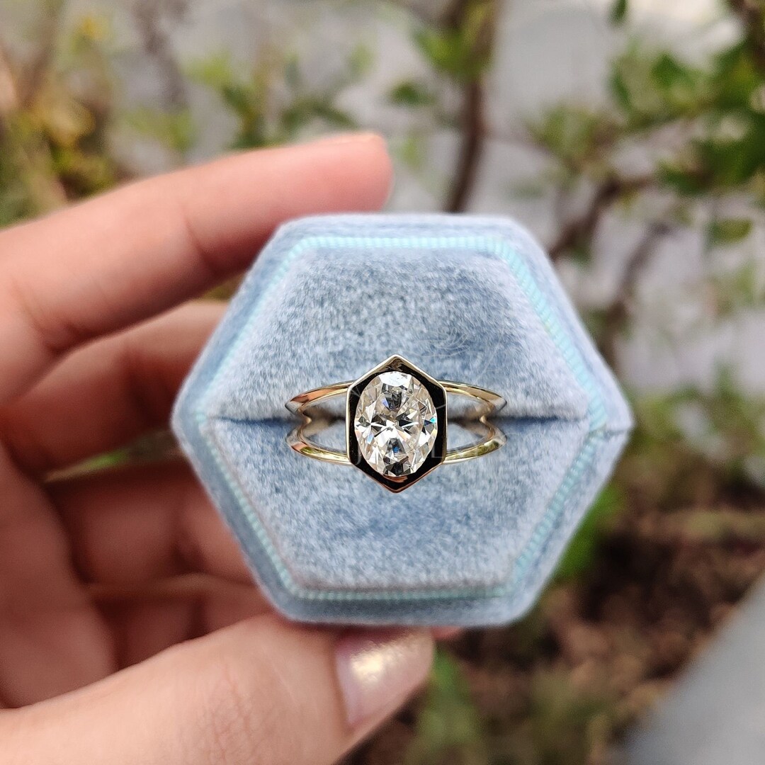 2 CT Oval Cut Bezel Set Ring, Split Shank Ring, Moissanite Diamond ...