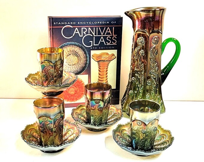 RARE! Antique Fenton Green Carnival Glass 9 Piece Set: Paneled ...