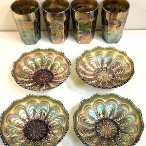 RARE Antique Fenton Green Carnival Glass 9 Piece Set: Paneled Dandelion ...