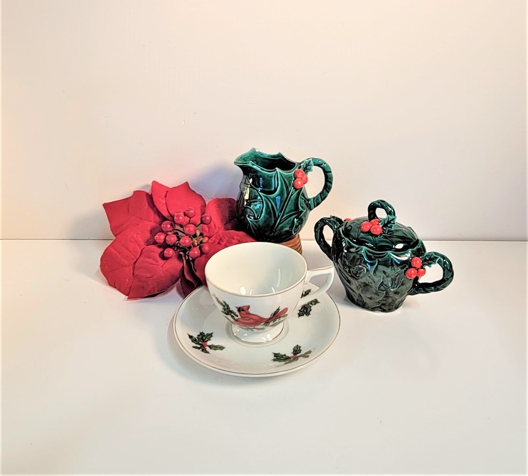 Vintage Green Holly Tea Set by Lefton, 5 Piece Set Creamer, Sugar W/lid ...