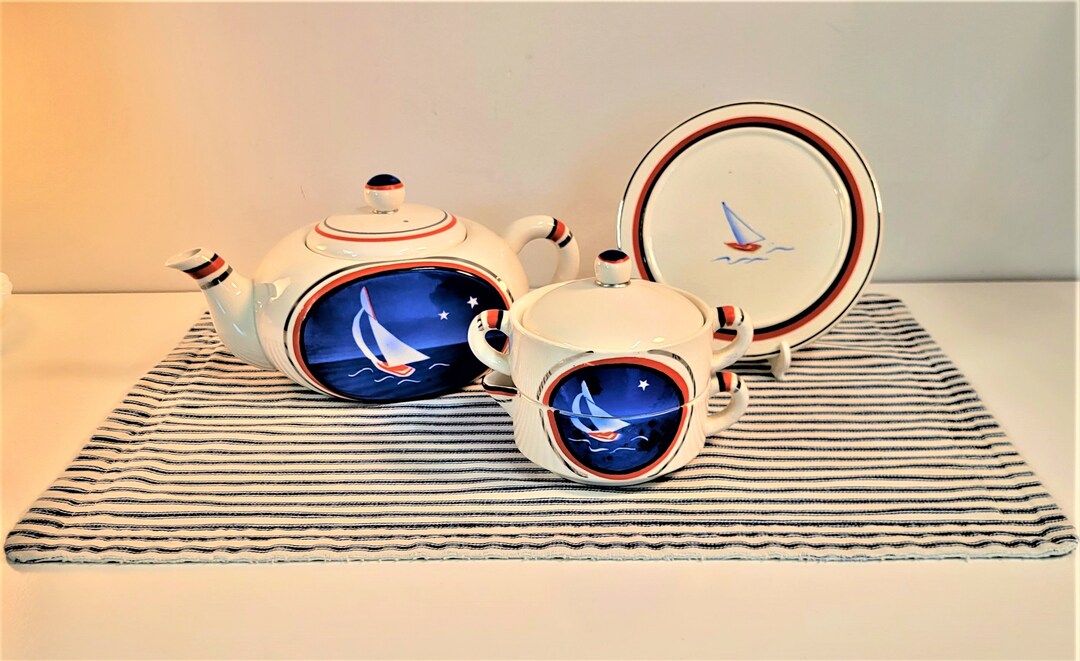 Vintage 1930s Sailboat Motif Tea Set, Art Deco Design, White Ceramic W ...