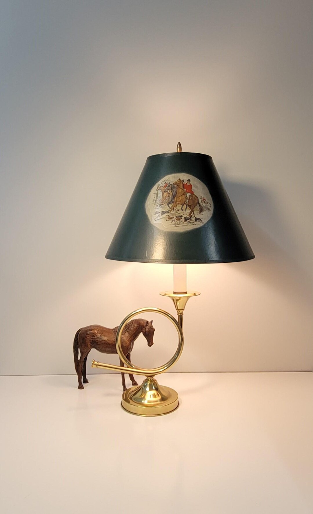 Vintage Brass English Hunting Horn Table Lamp W/hunter Green Equestrian ...