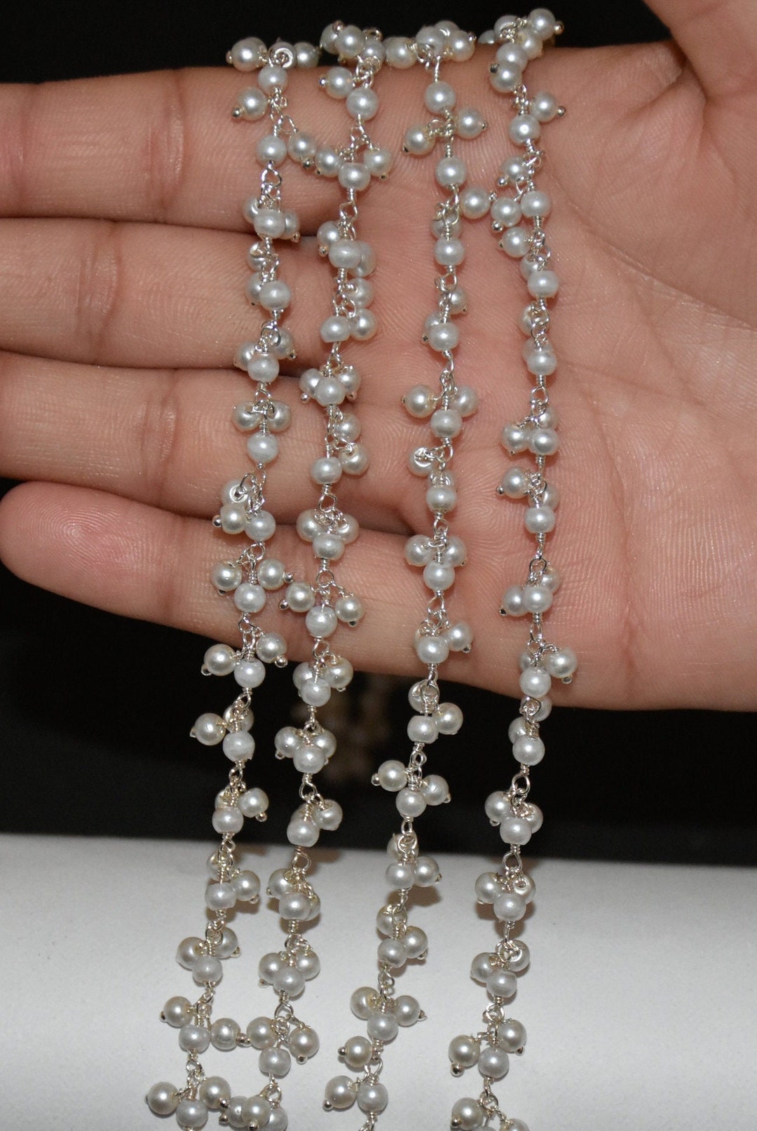 1-100 Foot 3mm Pearl Glass Beads Cluster Chain, Silver Plated Rosary ...