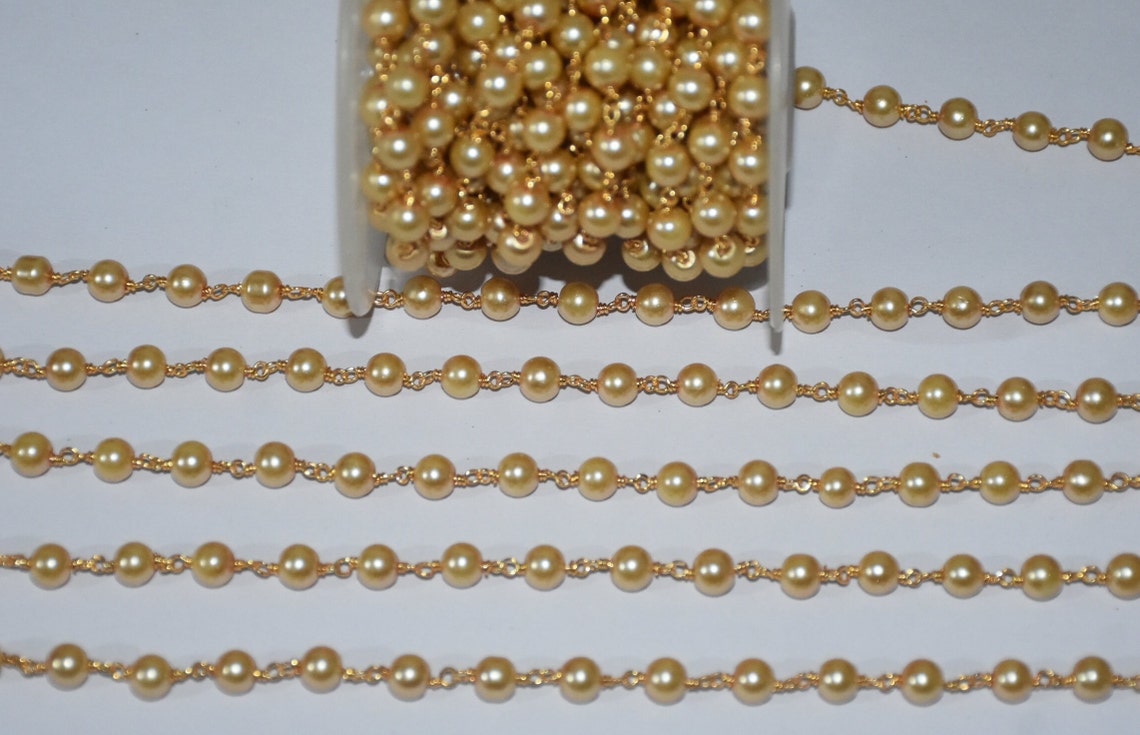 Golden Pearl Beaded Bulk Rosary Chain, Gold Plated Chain, Handmade ...