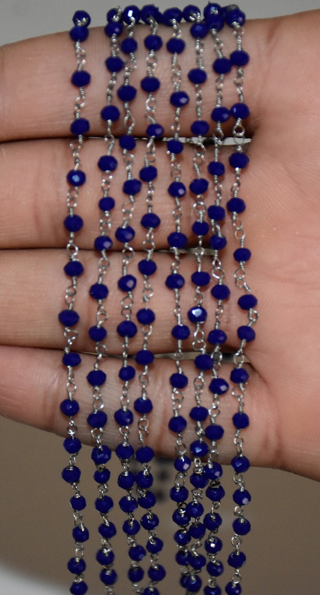 3mm Royal Blue Glass Beads Rosary Chain, Steel Wire Wrapped Chain ...