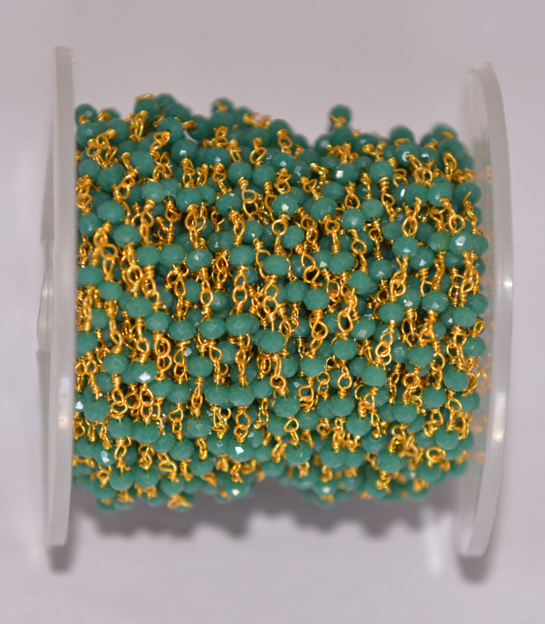 Gold Plated Light Green Faceted Beads Rosary Chain, 3mm Glass Beads ...