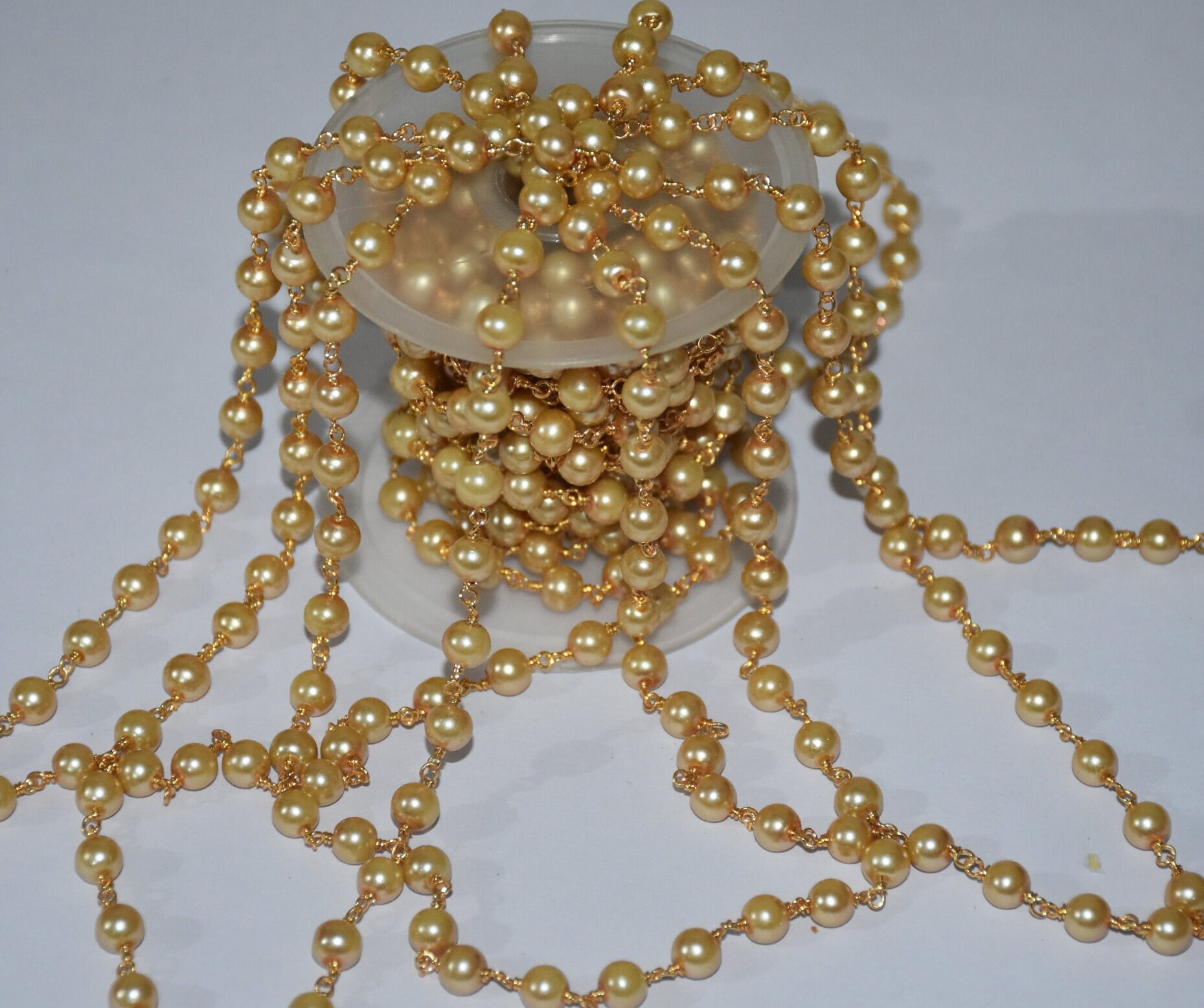 Golden Pearl Beaded Bulk Rosary Chain, Gold Plated Chain, Handmade ...