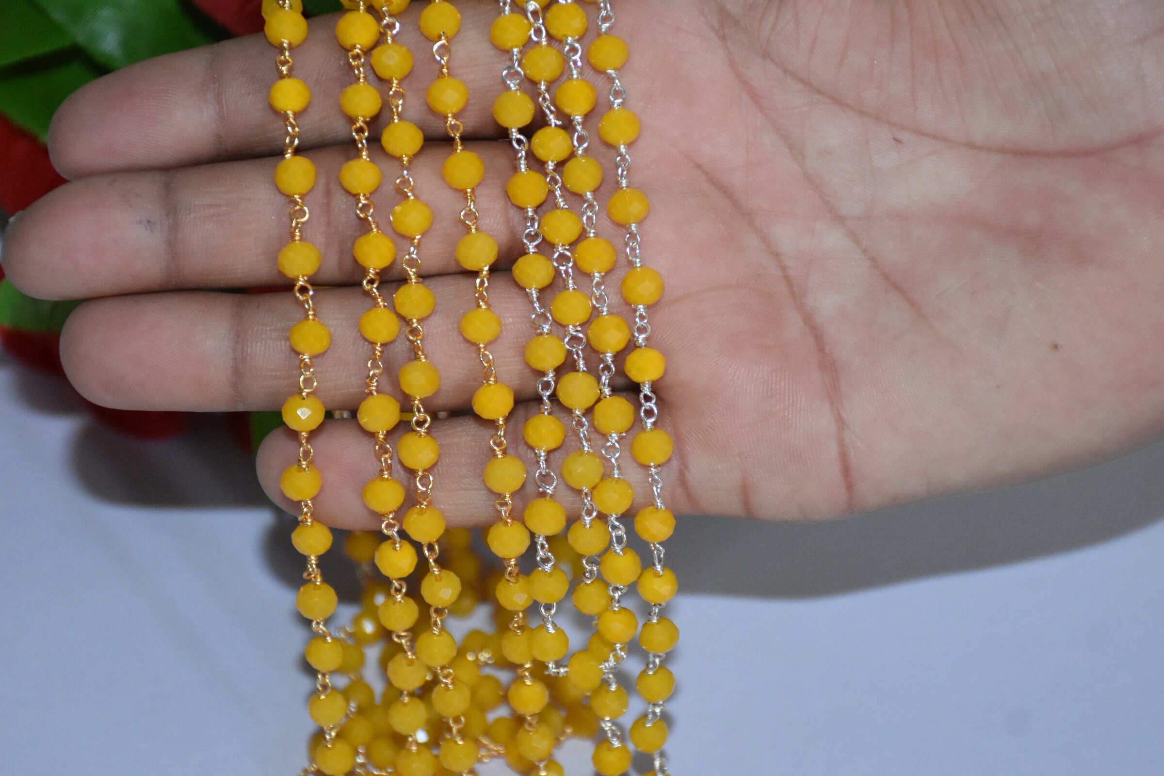 Yellow Faceted Glass Bead Rosary Chain, 6mm Rondelle Beaded Chain, Bulk ...