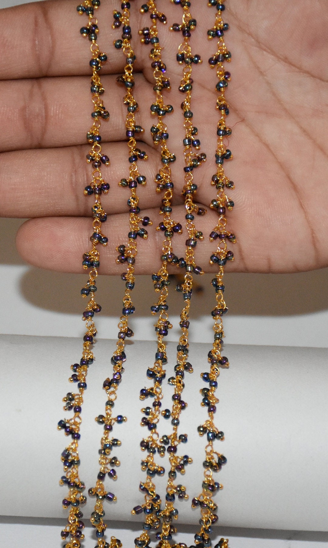 Peacock Pyrite Dangling Rosary Chain, Glass Beads Cluster Rosary Chain ...