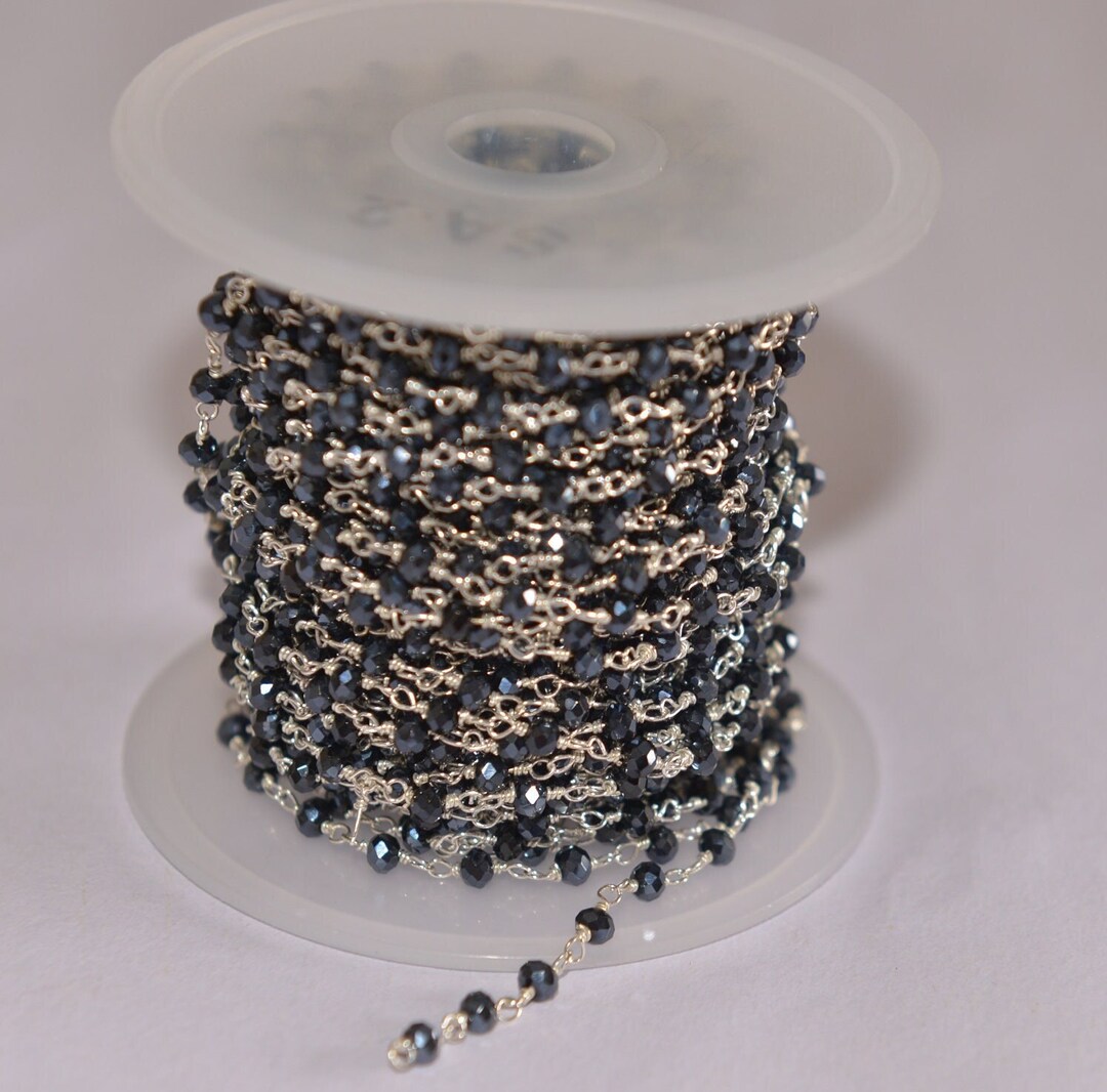 Black Onyx Bulk Rosary Chain, Beaded Beads Chain, Silver Plated Black ...