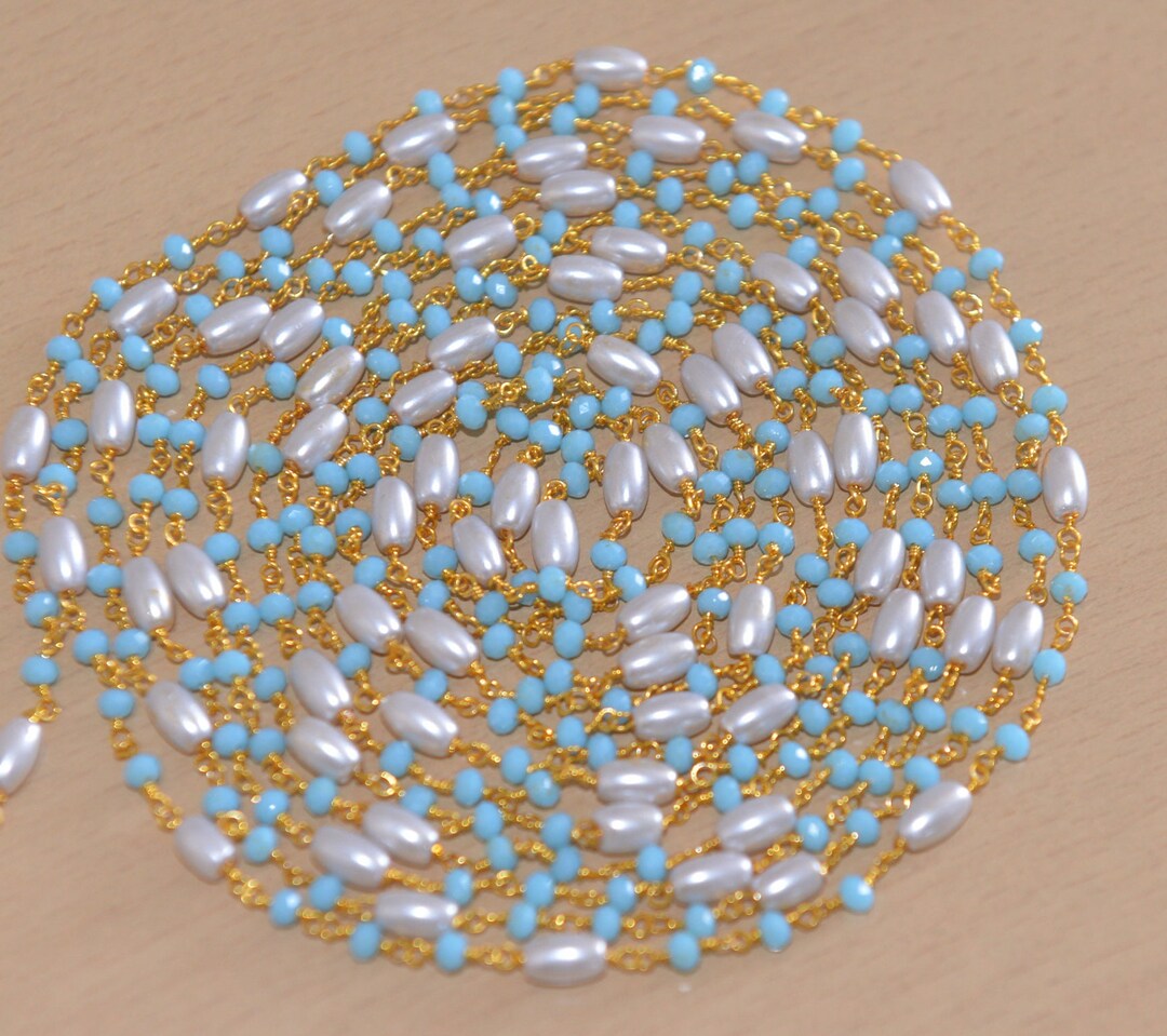 3mm Turquoise & Rice Pearl Rosary Chain, Gold Plated Beaded Chain for ...