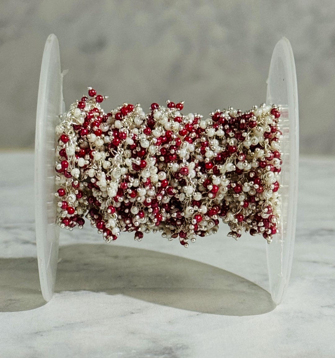 Pearl & Red Coted Thick Rosary Chain, 2mm Glass Beads Cluster Rosary ...