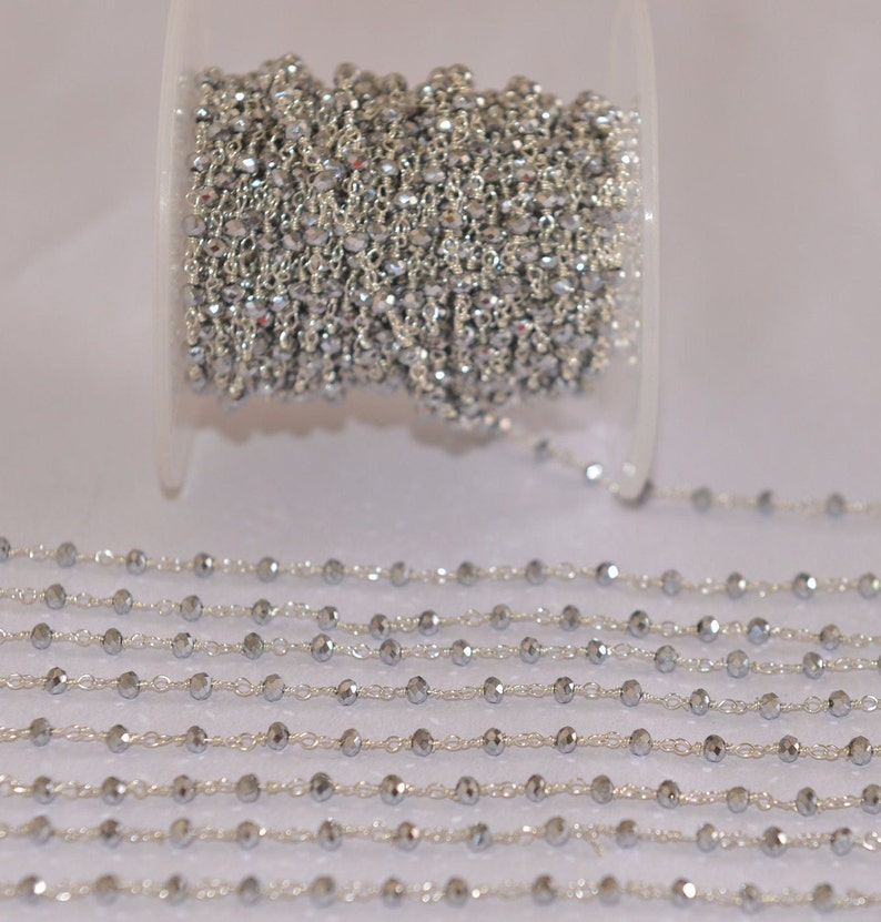 Silver Pyrite Rosary Chain, 3mm Faceted Rondelle Beads, Handmade Beaded ...