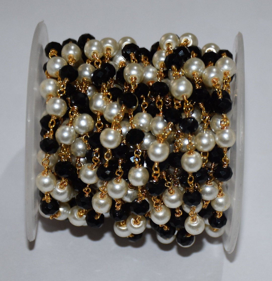 6mm Black & Pearl Multi Beads Rosary Chain, Beaded Bulk Roll Chain ...