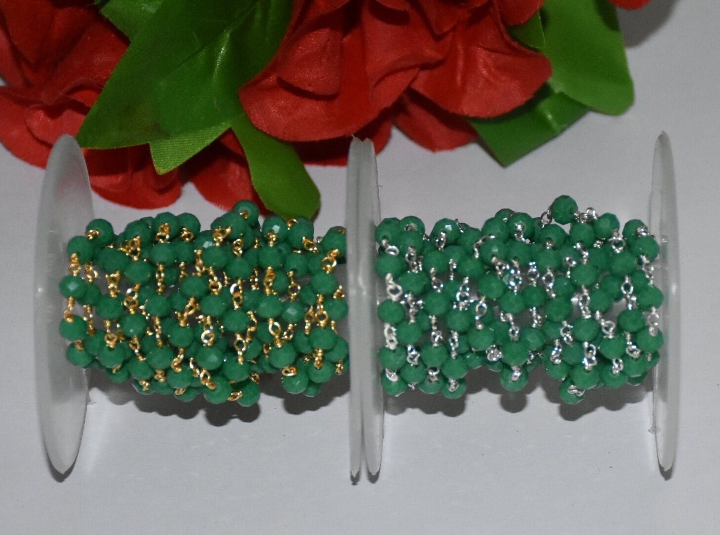 Green Quartz Beaded Bulk Rosary Chain, Brass Wire Wrapped Chain ...