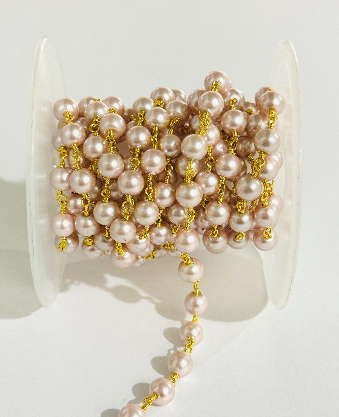 6mm Pink Pearl Beads Beaded Rosary Chain, Wire Wrapped Chain, Handmade ...