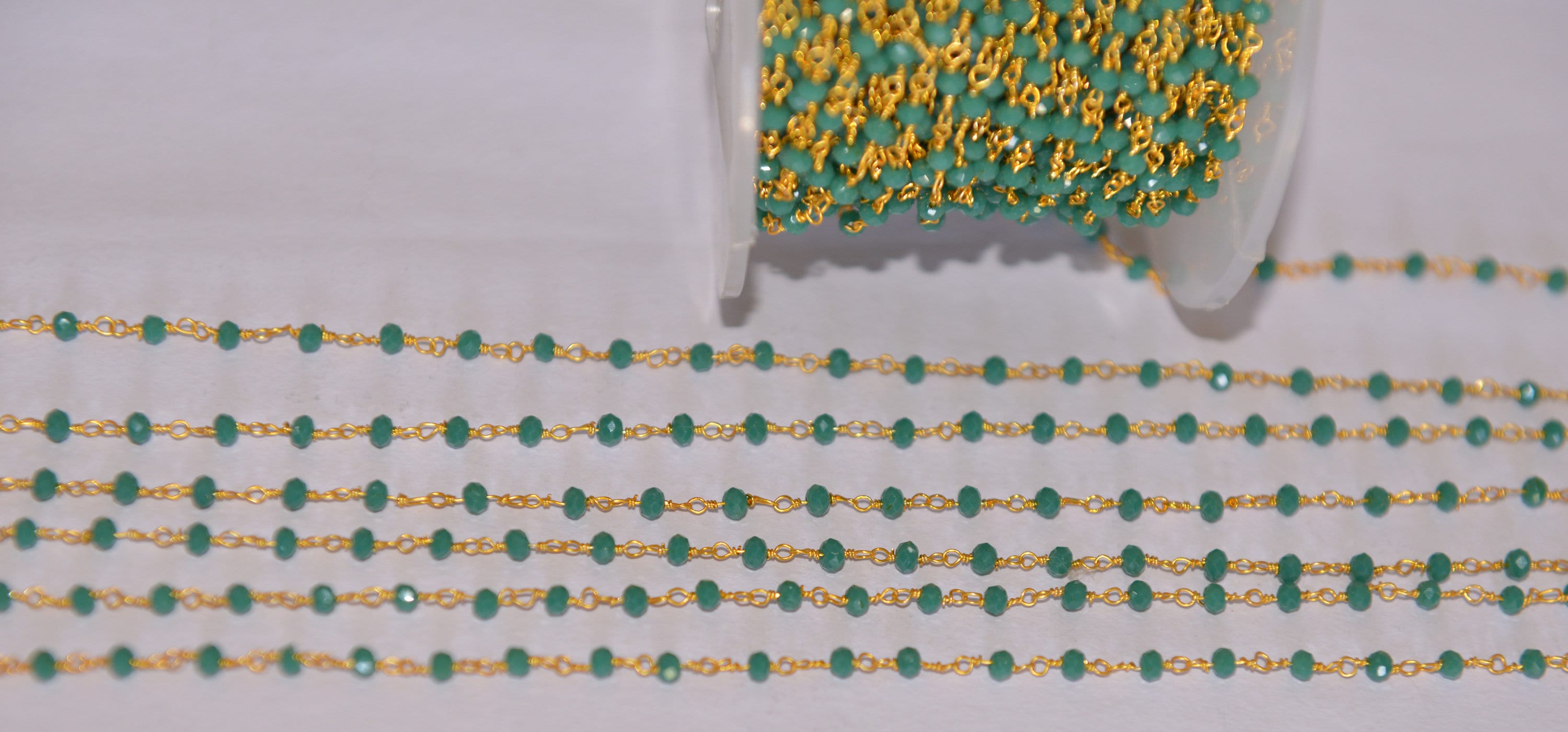 Gold Plated Light Green Faceted Beads Rosary Chain, 3mm Glass Beads ...